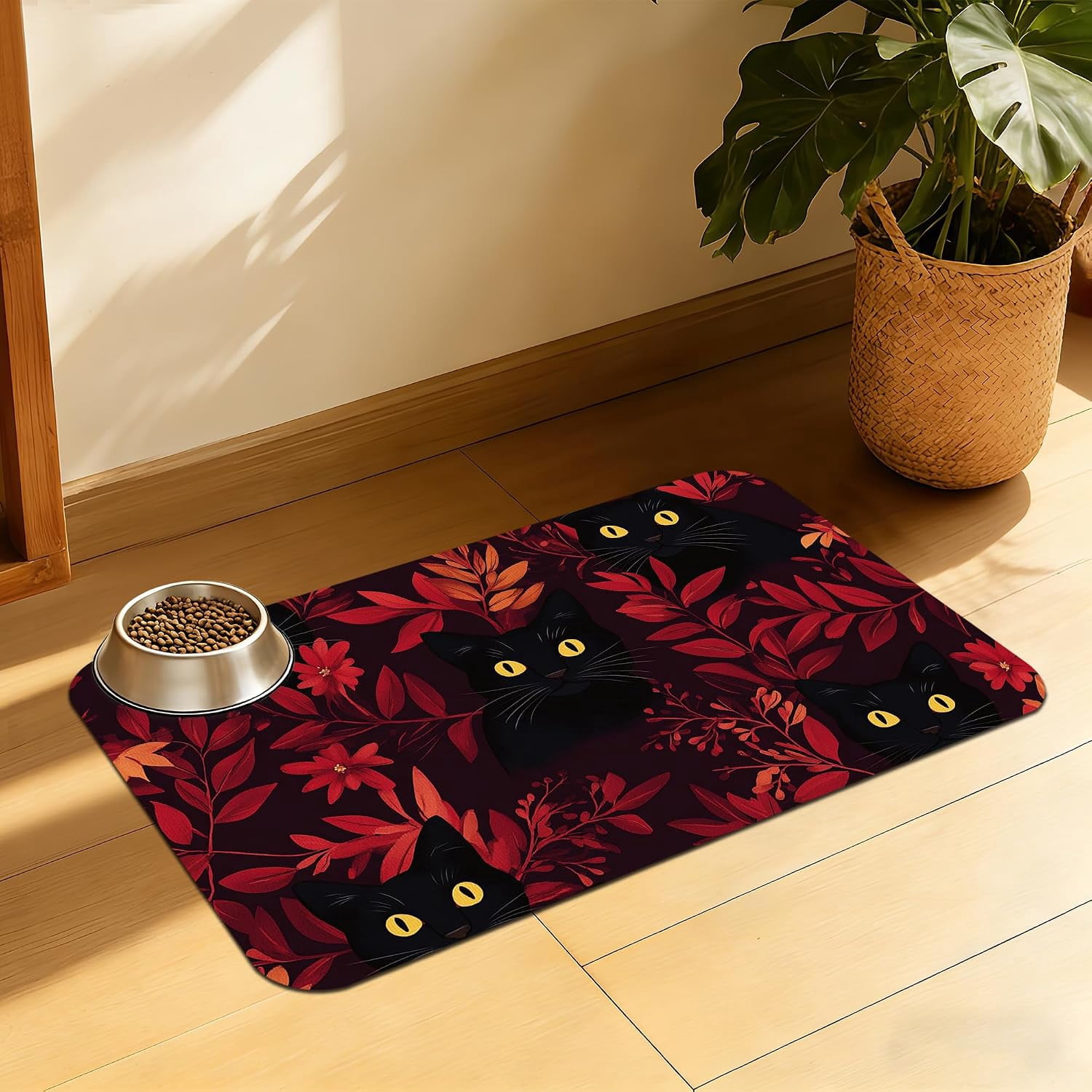 Black Cat Forest Pet Feeding Mat, Fast-Dry Absorbent Dog and Cat Bowl ...