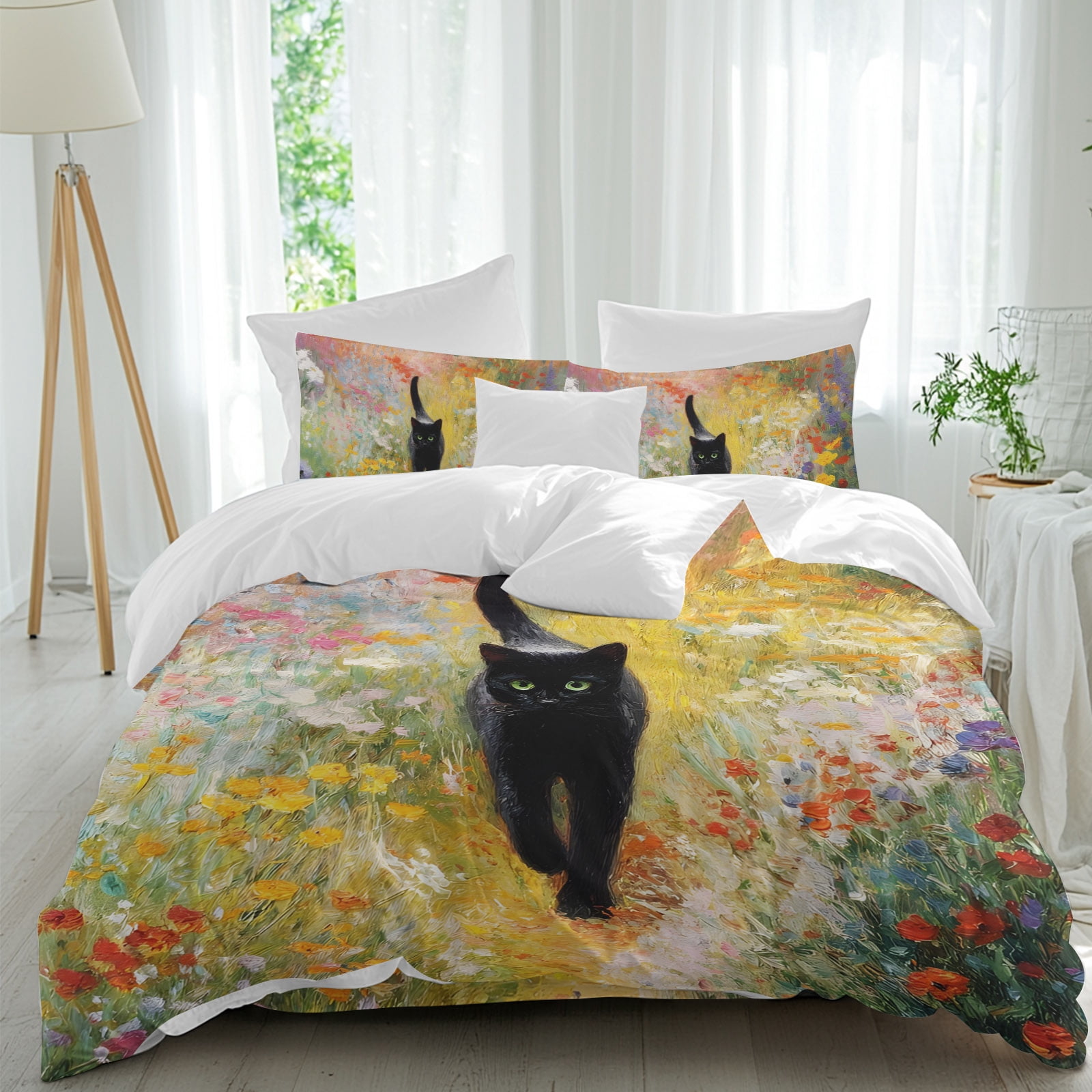 Black Cat Full Duvet Cover Set, Colorful Floral Garden Impressionist 4 ...