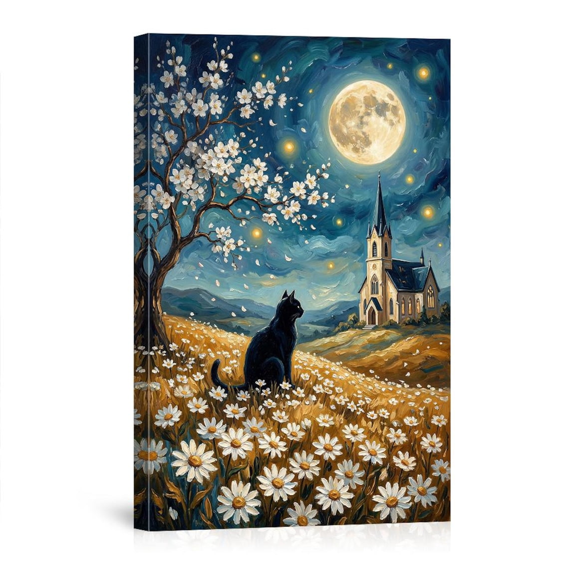 Black Cat Full Moon Daisy Field Church Serene Night Sky Pet Lover ...