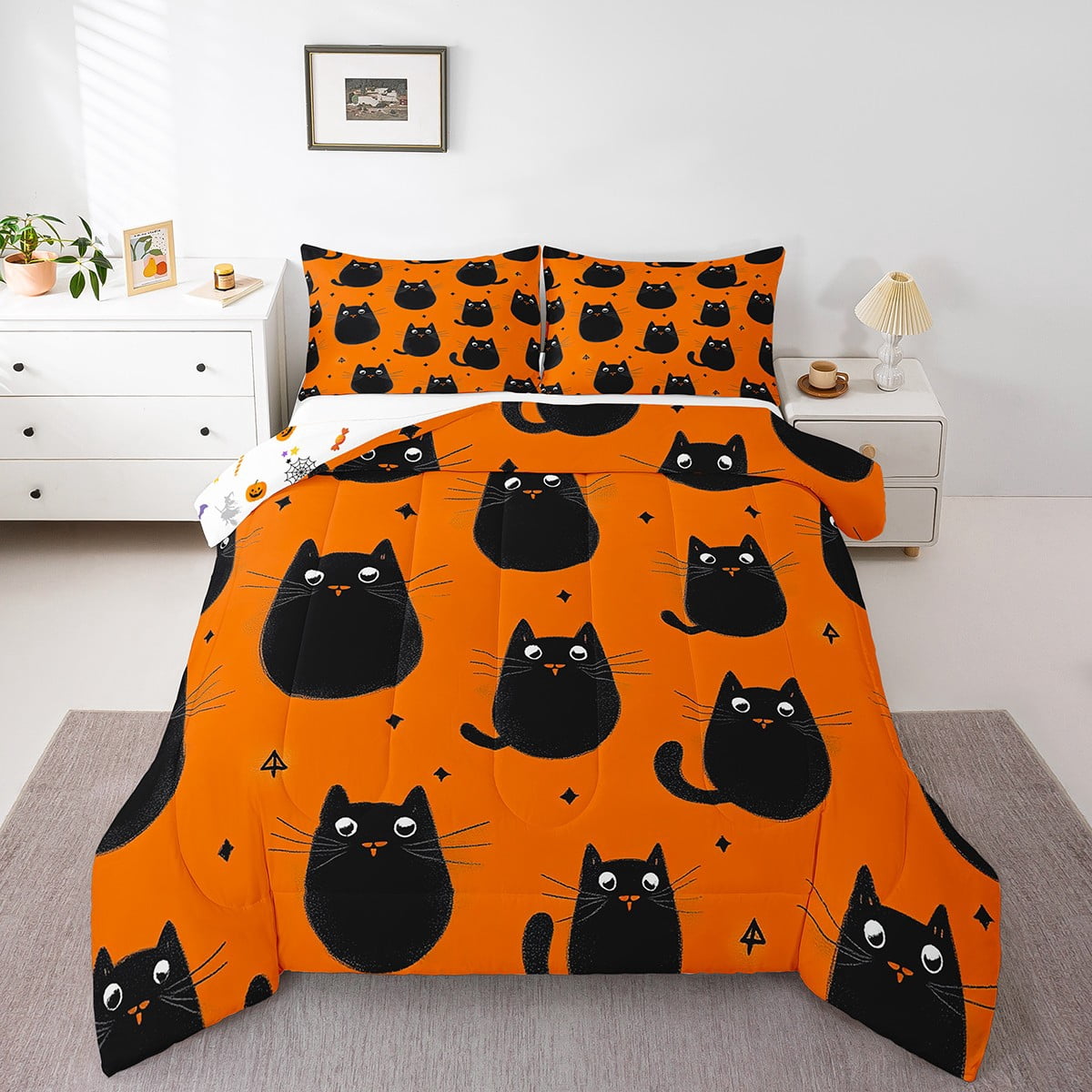 Black Cat Full Size Comforter Set,Kawaii Kitten Animals Bed Set,Cartoon ...
