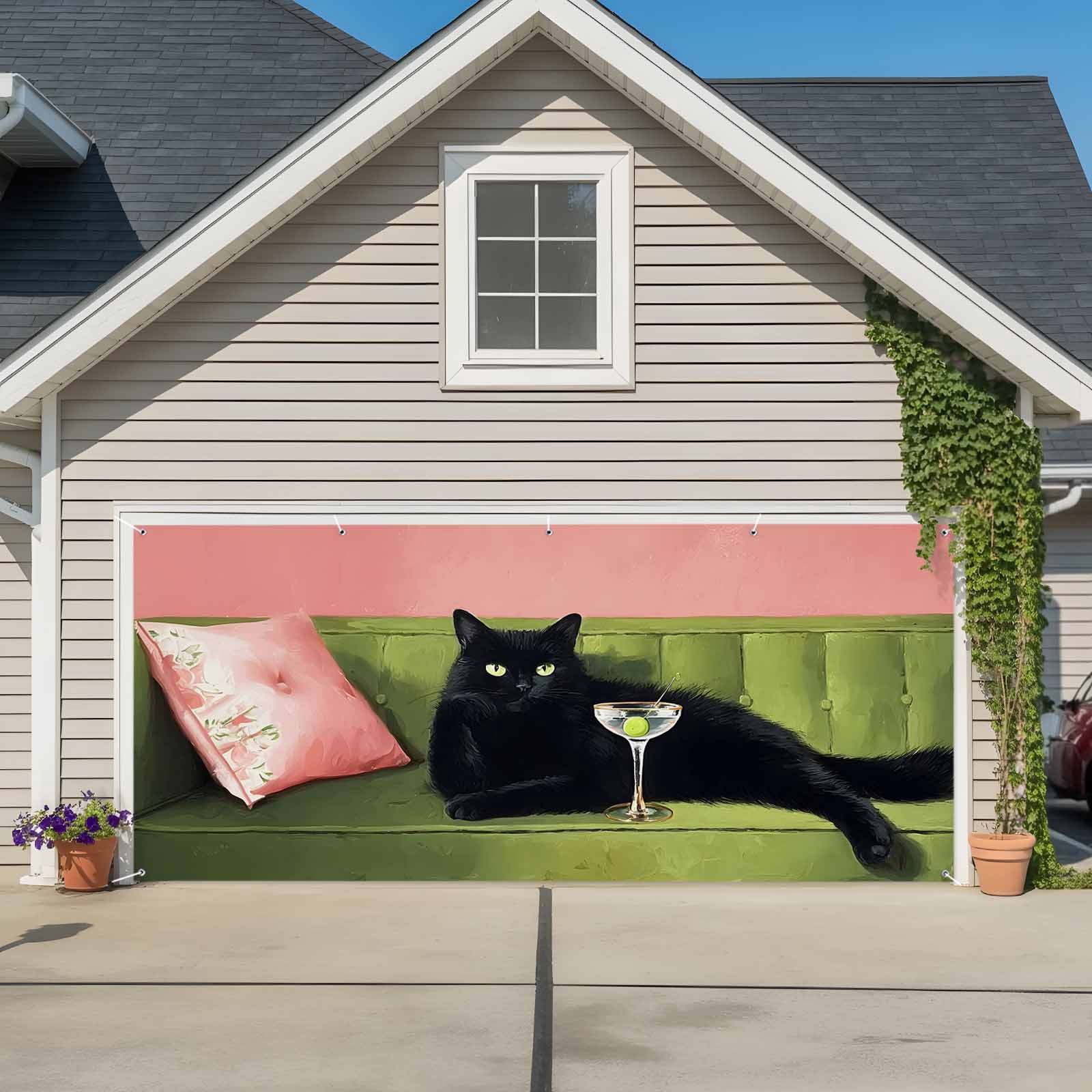 Black Cat Garage Door Banner Covers, Boho Chic Lack Animal Cocktail ...