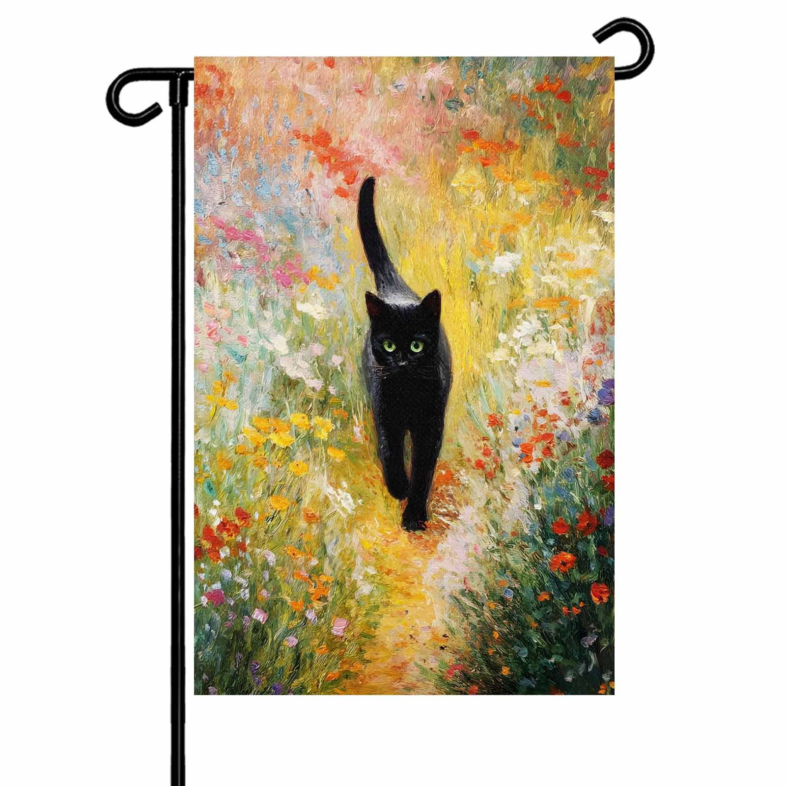 Black Cat Garden Flag 28x40 Inch Colorful Floral Garden Impressionist ...