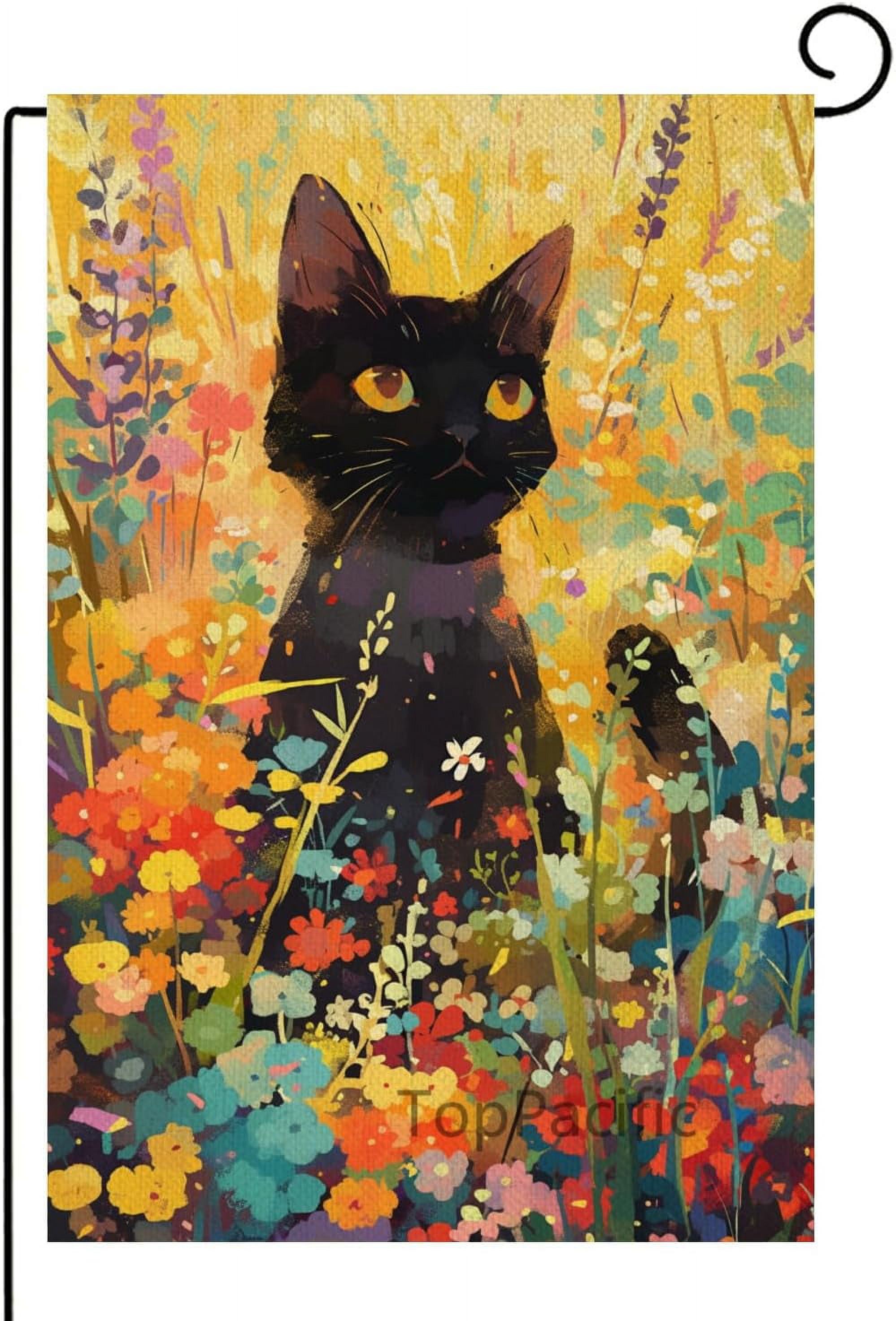 Black Cat Garden Flag Colorful Drawing with Flowers Garden Flag ...