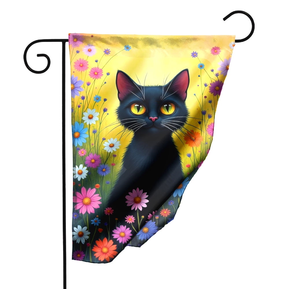 Black Cat Garden Flag with Flowers Double Sided Polyester Decorative ...
