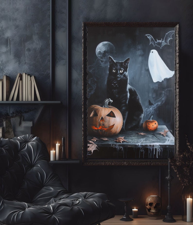 Black Cat, Ghost And Pumpkin Poster Print, Halloween Poster, Poster For ...