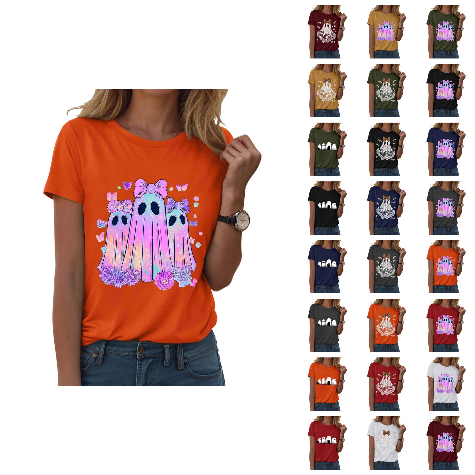 Black Cat Ghost Halloween Tshirts Women 2025 Short Sleeve Crewneck Cute ...