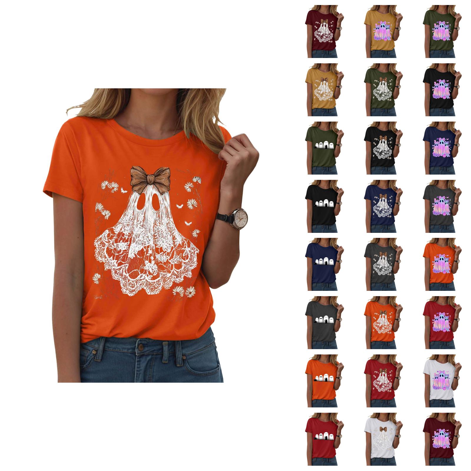 Black Cat Ghost Halloween Tshirts Women 2025 Short Sleeve Crewneck Cute ...