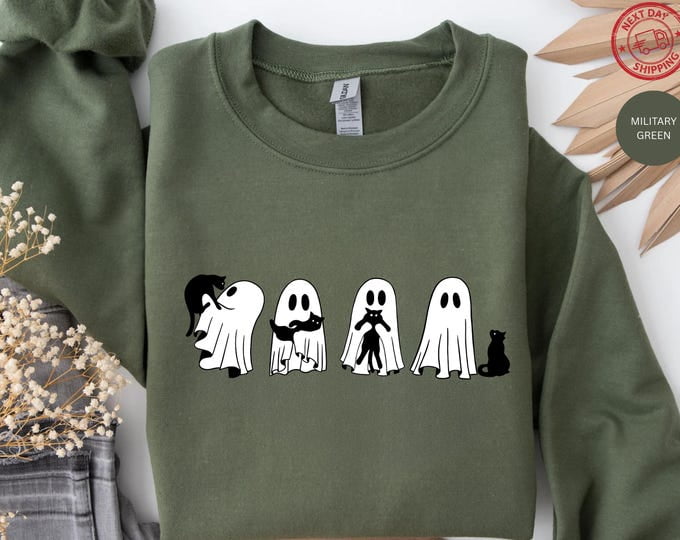 Black Cat & Ghost Sweatshirt Ghost Tshirt, Spooky Season Cat Tee, Party ...