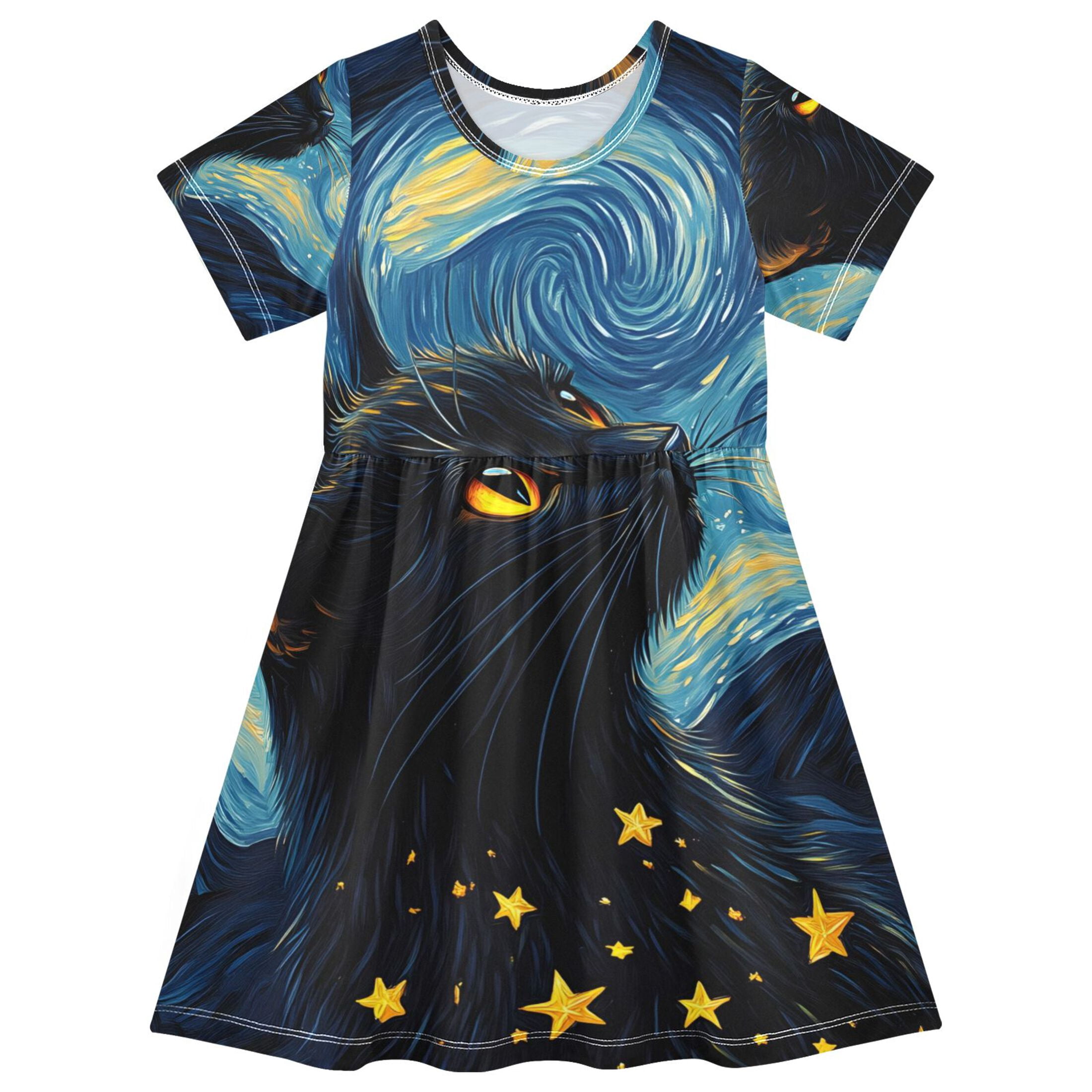 Black Cat Girls Short Sleeve Dress A Line Sun Protection Breathable ...