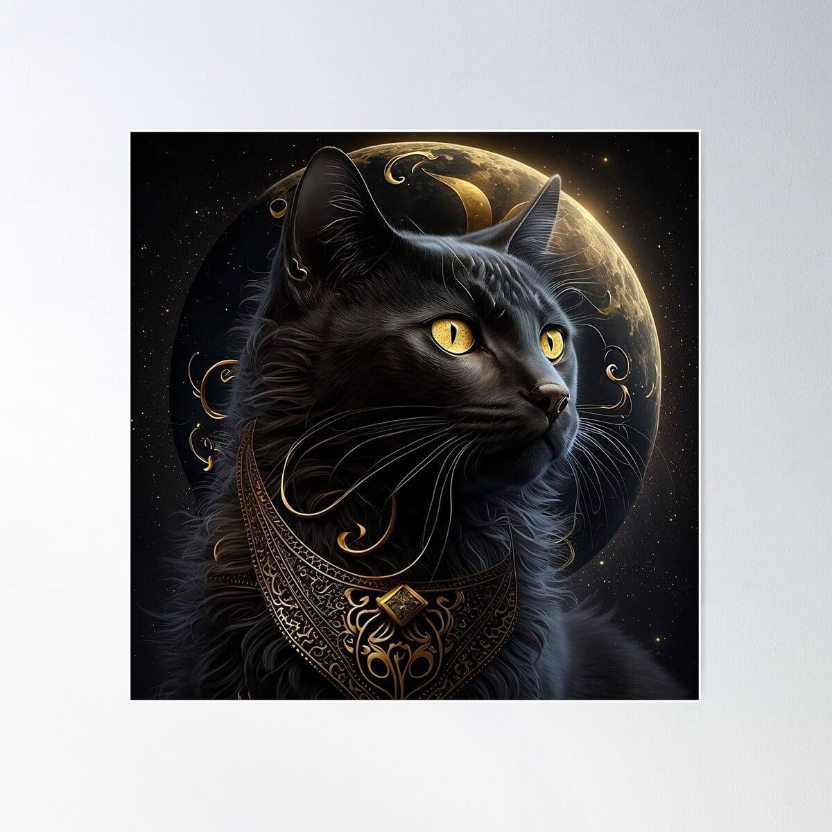Black Cat Golden Eyes Golden Moon Poster Wall Art, Modern Wall Decor ...