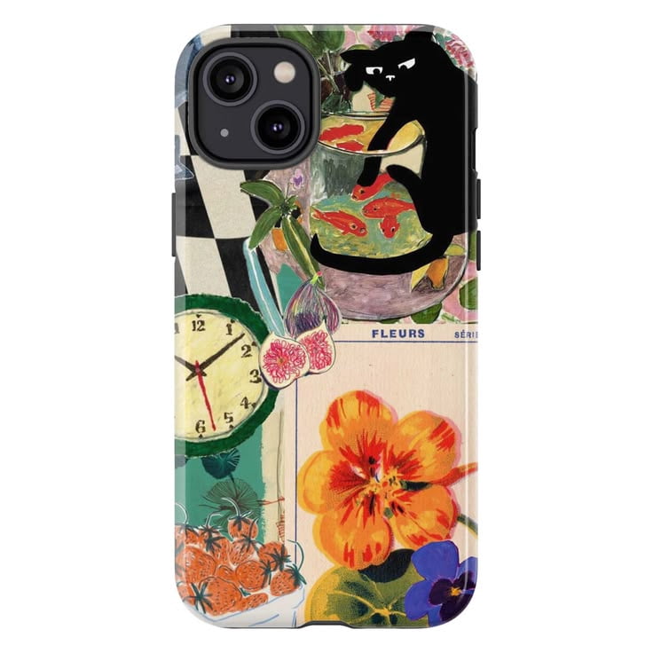 Black Cat Goldfish Bowl Phone Case, Aesthetic Floral & Strawberry ...