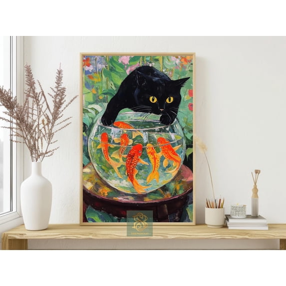 Black Cat Goldfish Bowl Playful Animal Nursery Poster , Poster Print ...
