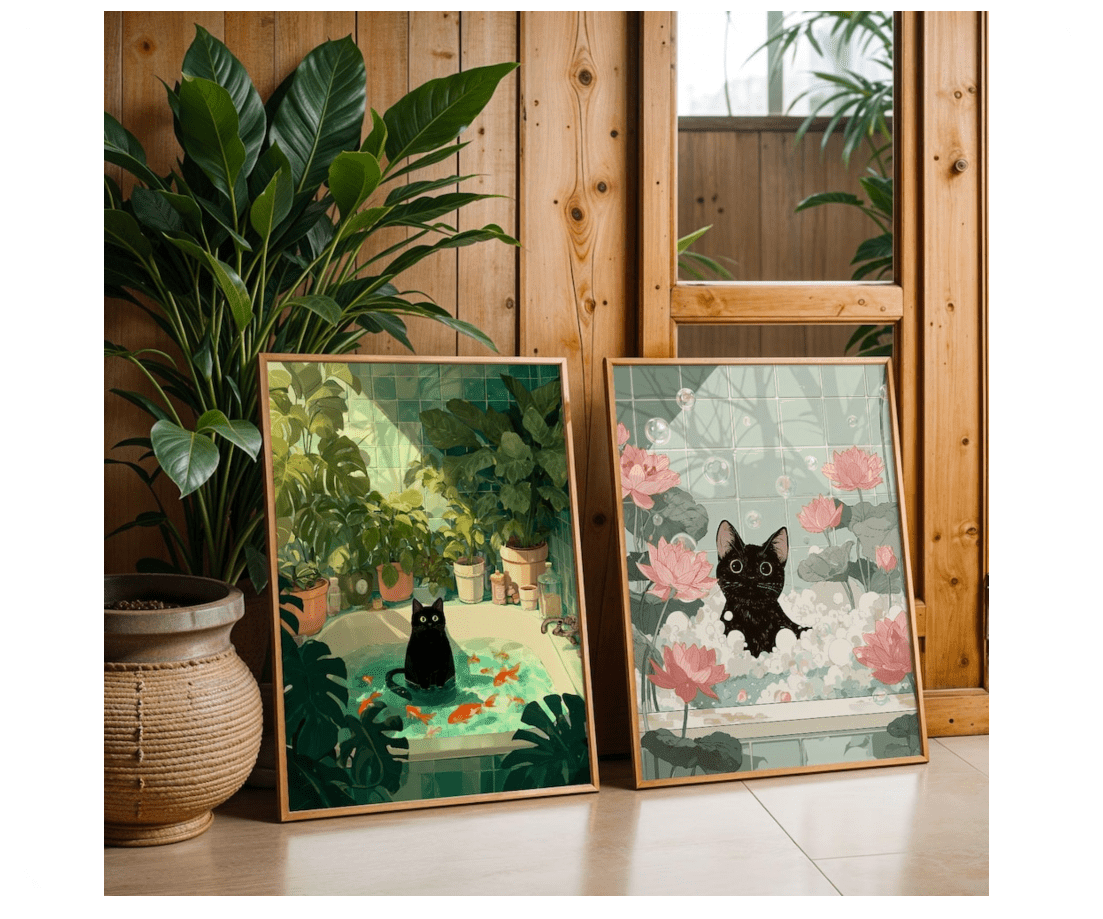 Black Cat Goldfish Lotus Poster, Whimsical Bathroom Art Home Decor ...