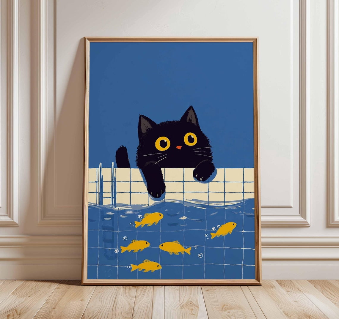 Black Cat Goldfish Whimsical Animal Illustration Poster Home Decor ...