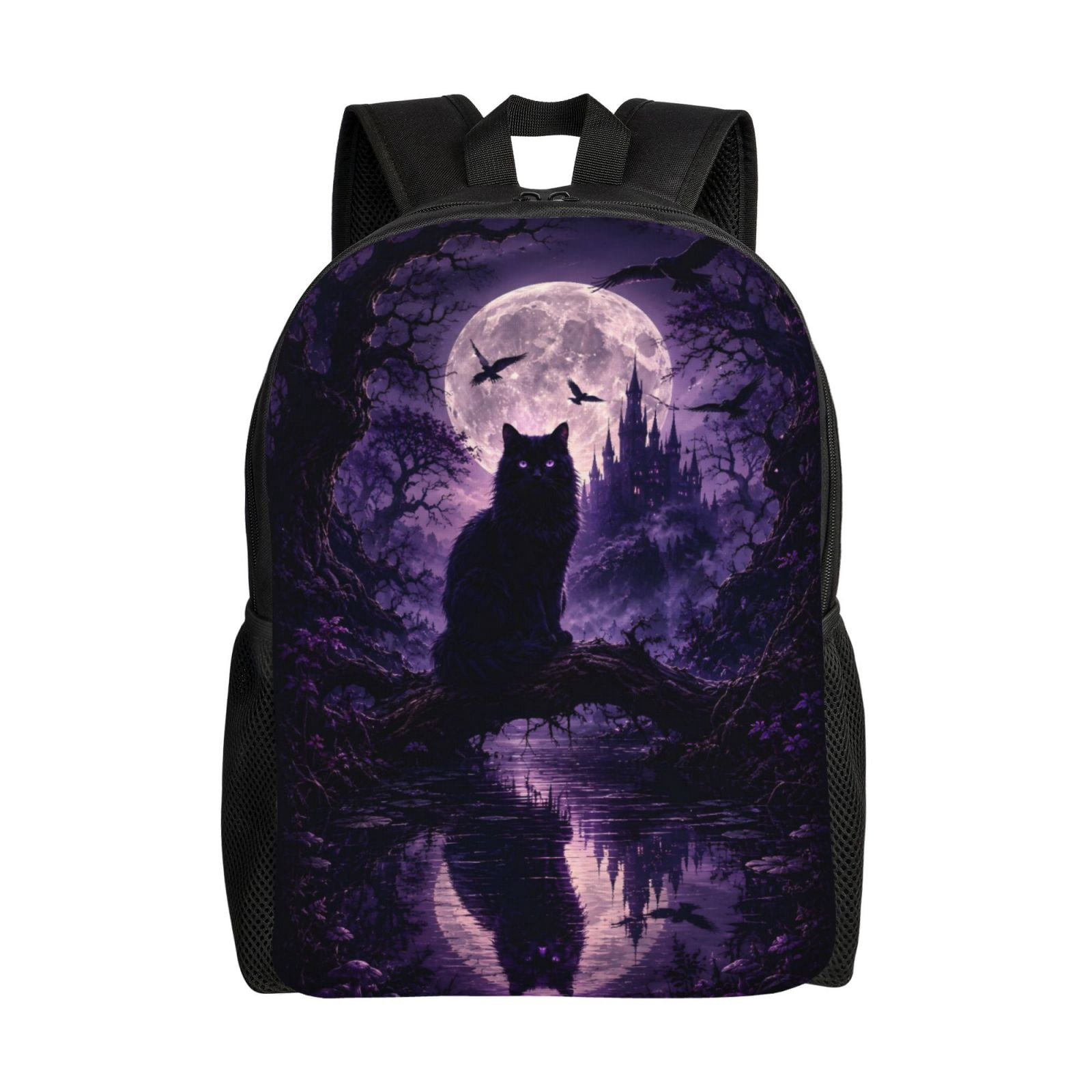 Black Cat Gothic Moon Backpack Full Front Print Travel Laptop Bag for ...