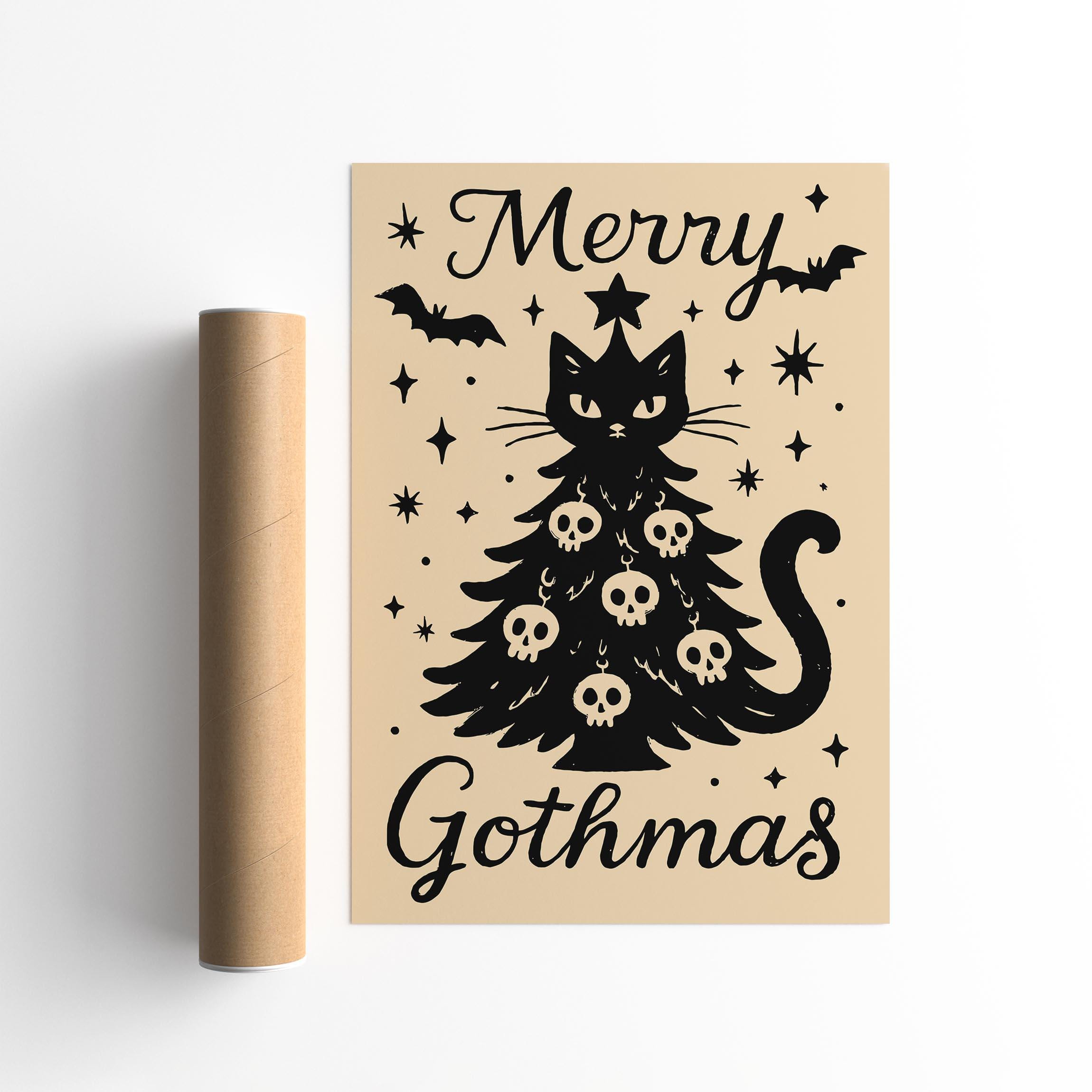 Black Cat Gothmas Art Print, Spooky Gothic Kristmas Print Warm Present ...