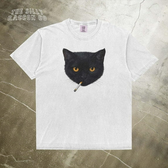 Black Cat Graphic With Retro Style Cool Expression Artwork Printed Tee ...
