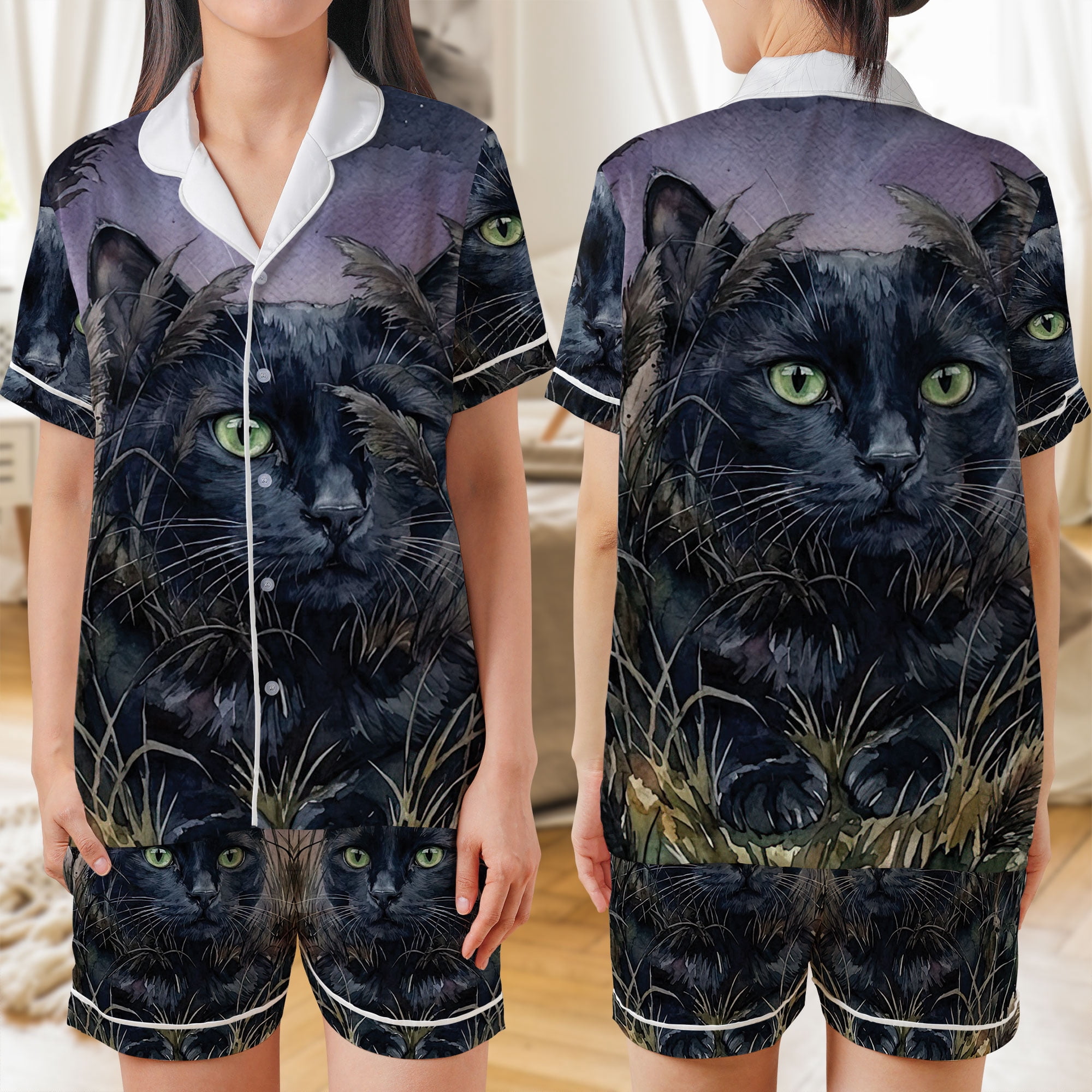 Black Cat Green Eyes All-Over Print Satin Short Sleeve Pajamas Set, Cat ...
