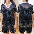 Black Cat Green Eyes All-Over Print Satin Short Sleeve Pajamas Set, Cat ...