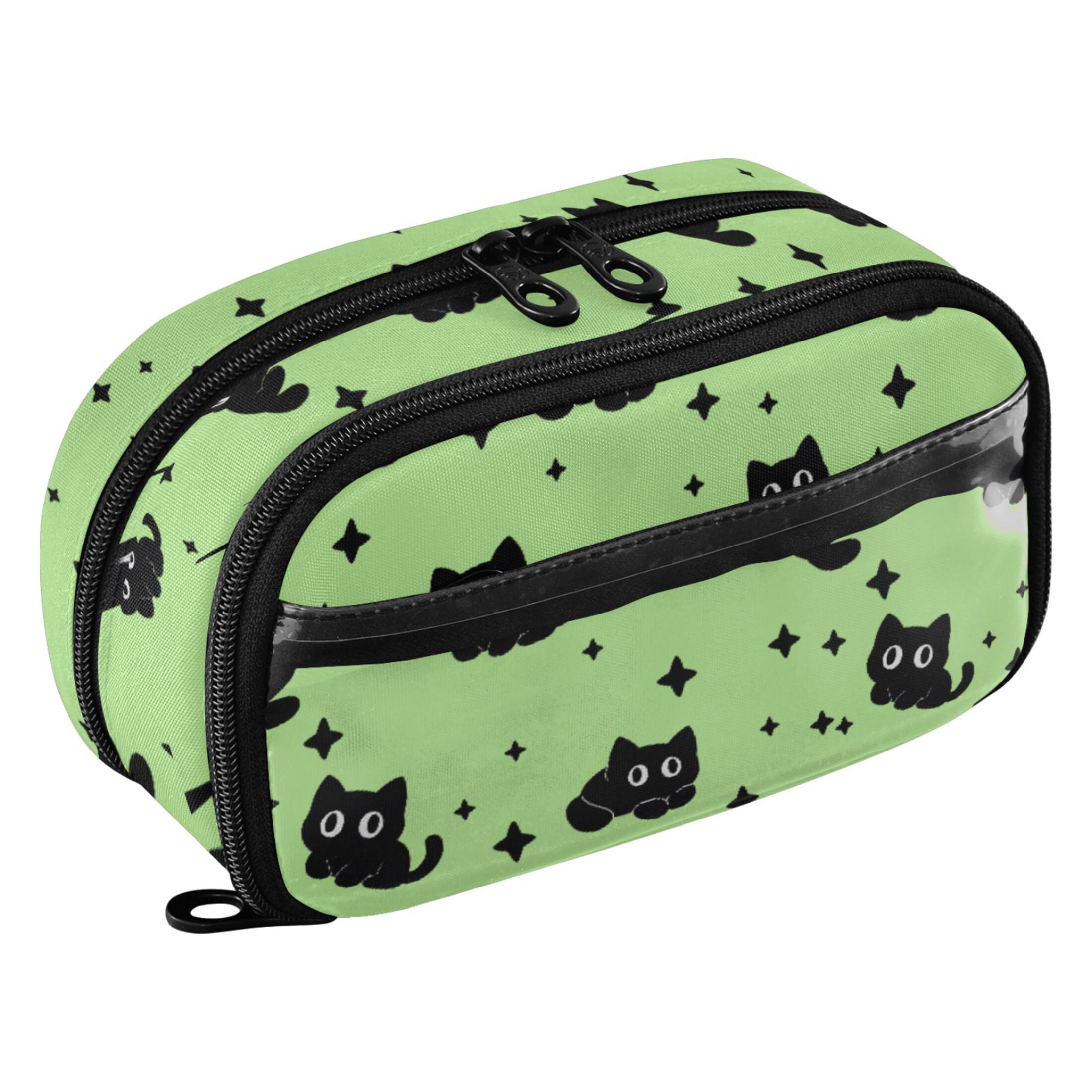 Black Cat Green Pattern PVC Pencil Case Water-Repellent Clear Window ...