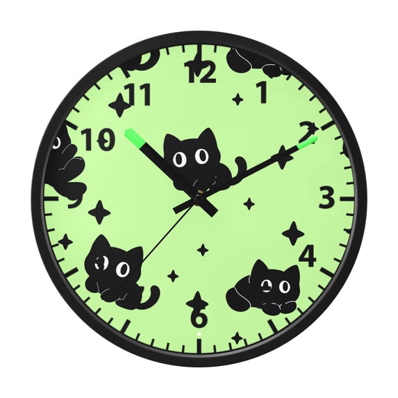 Black Cat Green Pattern Wall Clock 12 Inch Voice Activated Night Light ...