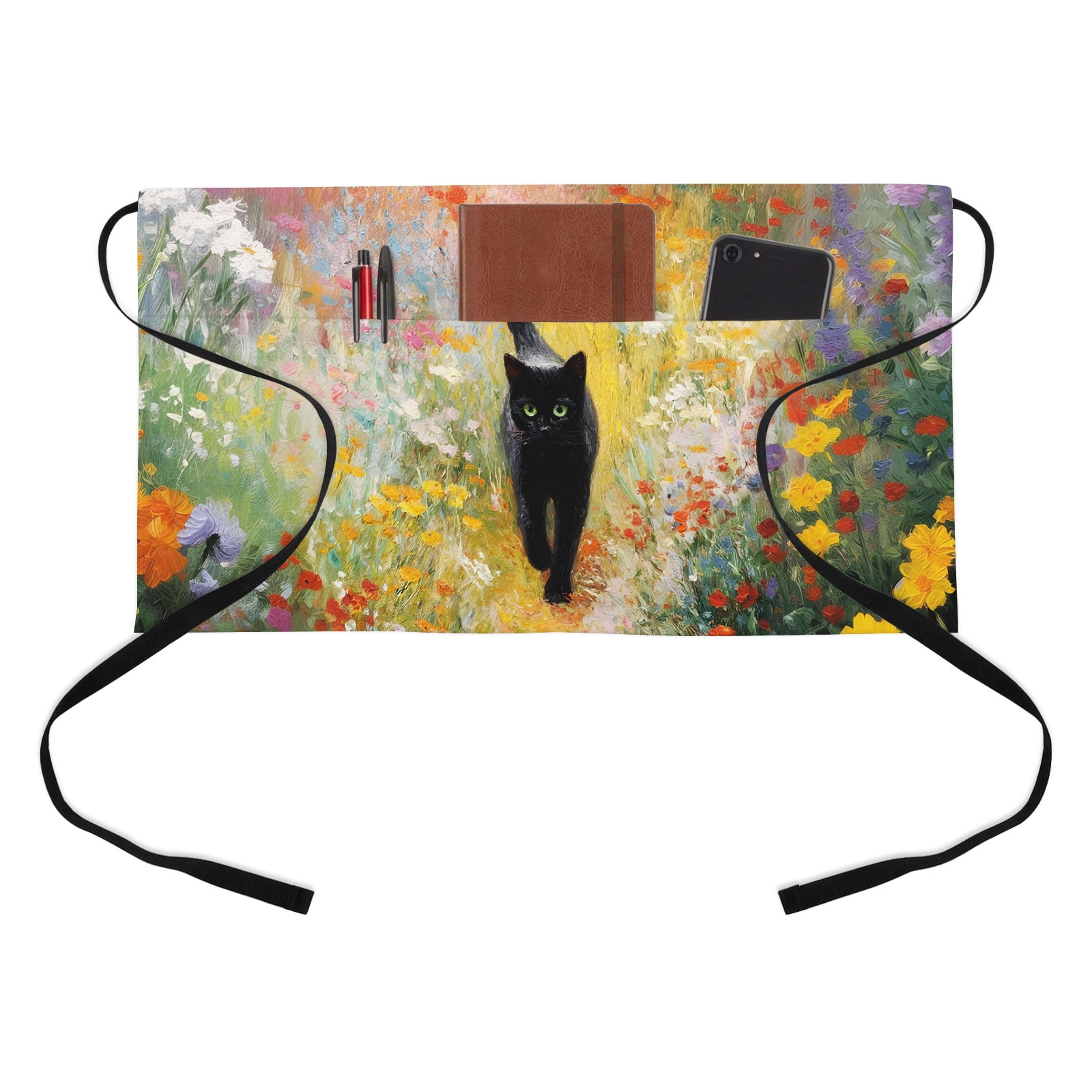 Black Cat Half Waist Apron Colorful Floral Garden Impressionist Short ...