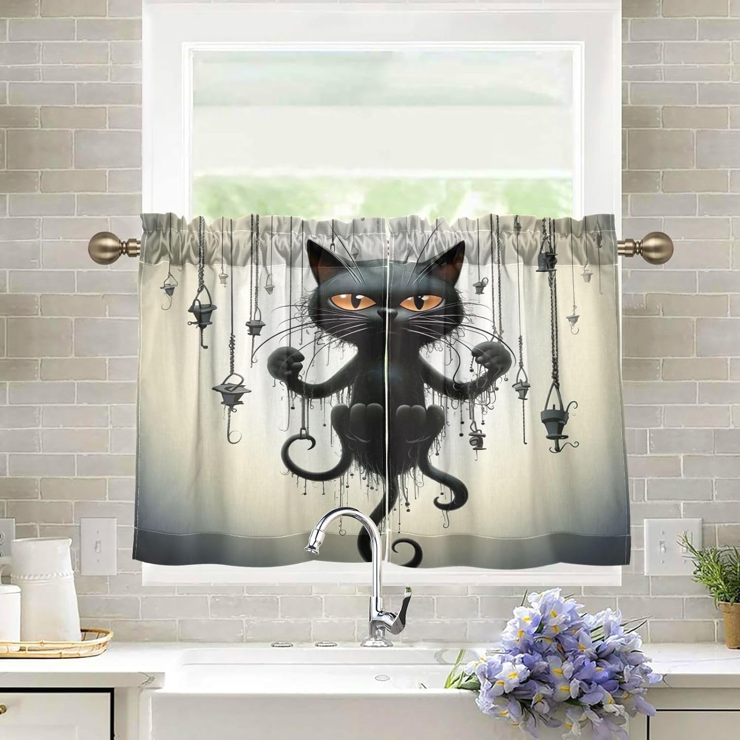 Black Cat Half Window Tier Curtains 36 Inch Blackout Thermal Insulating ...