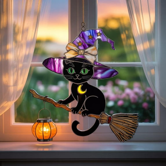 Black Cat Halloween Acrylic Suncatcher Witchy Cat Window Hanging ...