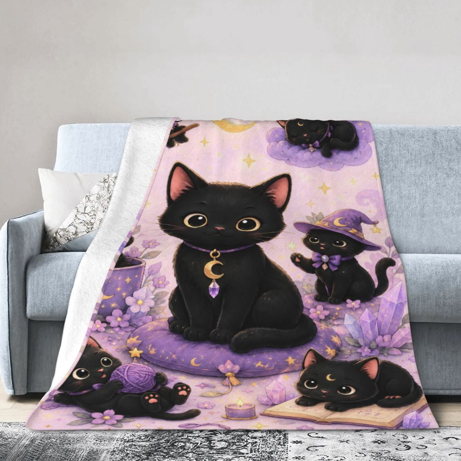 Black Cat Halloween Blanket Gift Throw Blanket Cute Witch Moon Stars ...