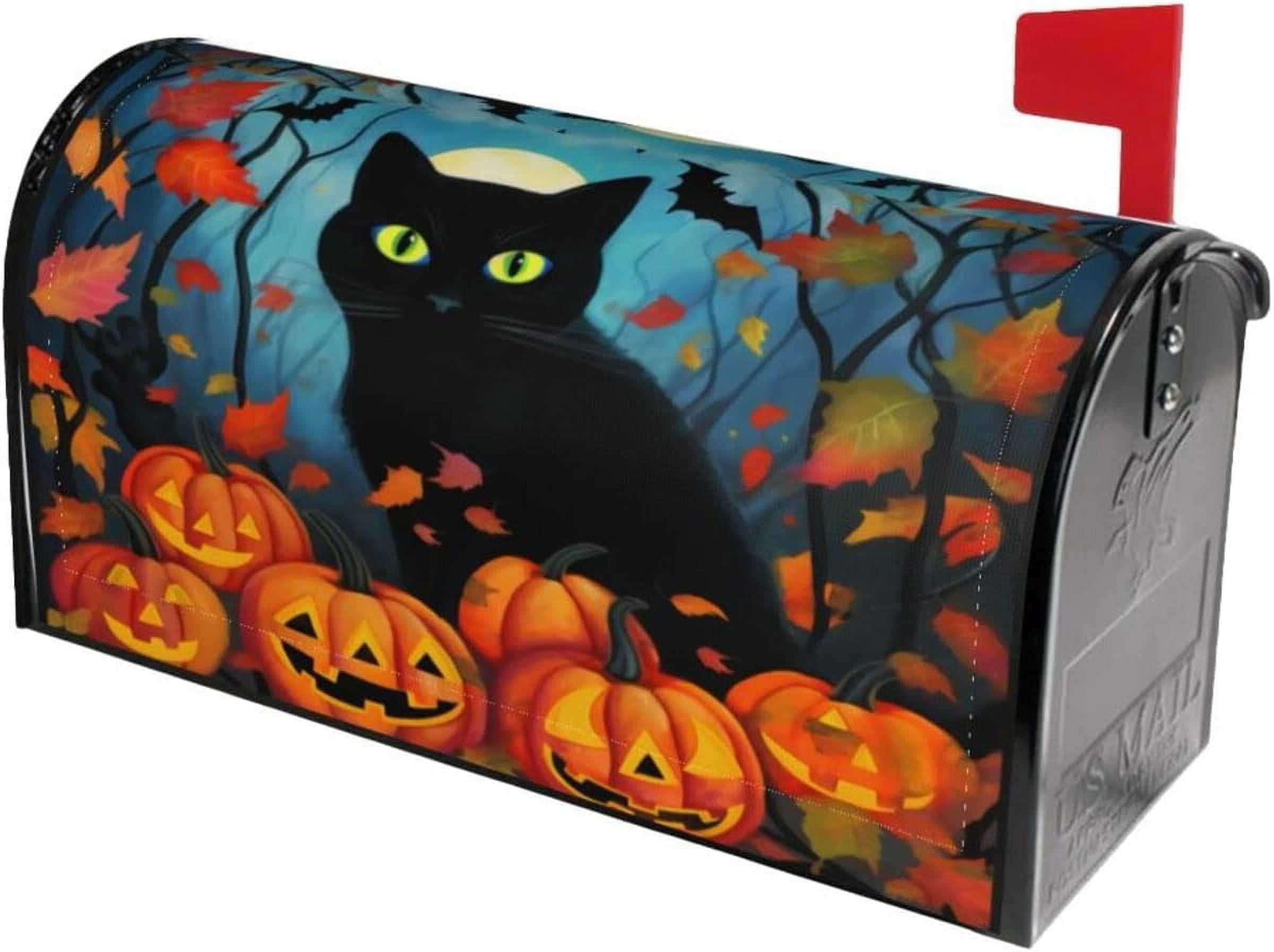 Black Cat Halloween Pumpkin Mailbox Covers, Magnetic Post Box Cover ...