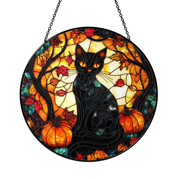 Black Cat Halloween Stained Glass Suncatcher with Spooky Floral Details ...