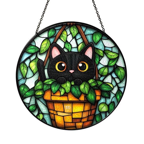 Black Cat Hanging Plant Stained Glass Style Window Suncatcher Decor ...