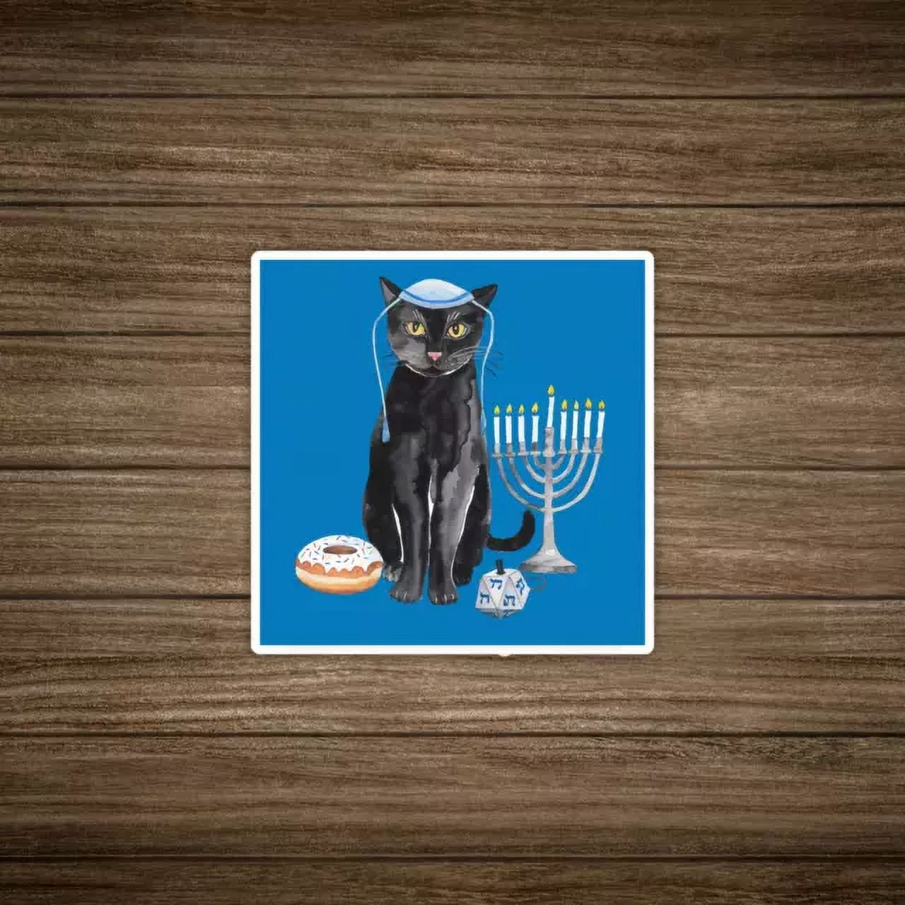 Black Cat Hanukkah Sticker - Cute Feline Celebrates Jewish Holiday ...