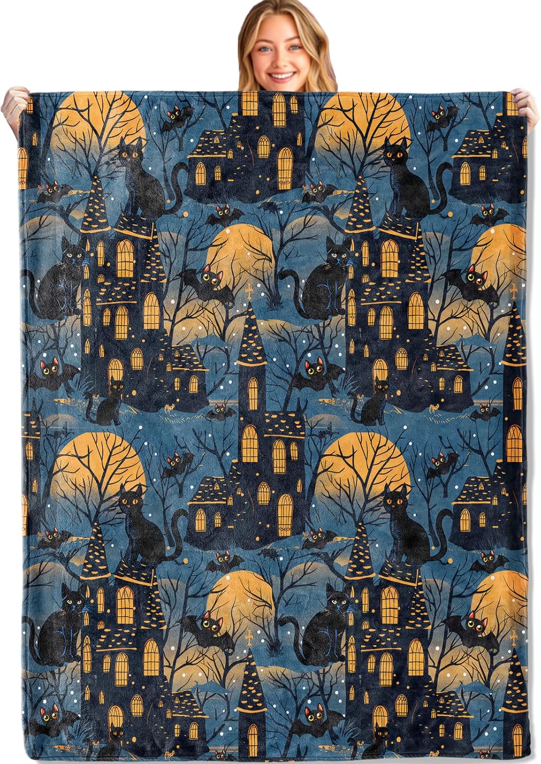 Black Cat and Haunted House Throw Blanket,40x50in,Soft,Lightweight ...