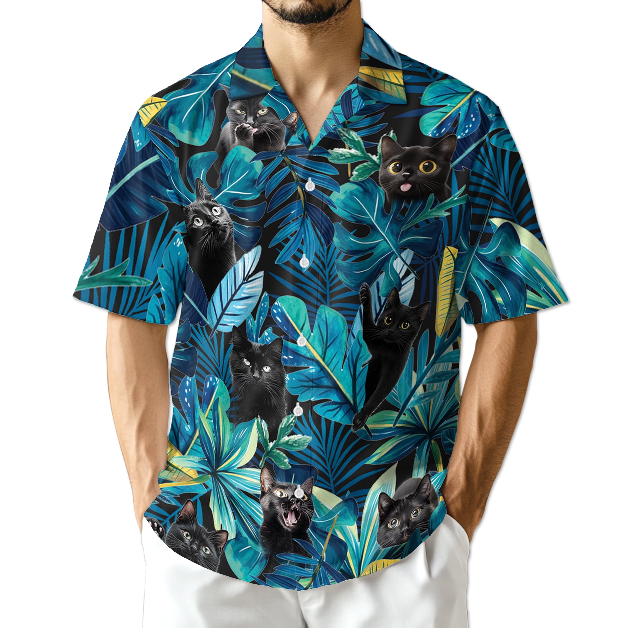 Black Cat Hawaiian Shirt for Men, Tropical Style, Button Down Summer ...
