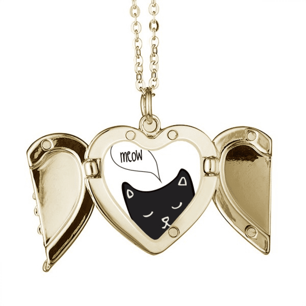 Black Cat Head Mewing Animal Folded Wings Peach Heart Pendant Necklace ...