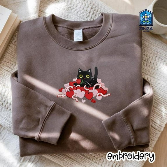 Black Cat Heart Embroidery Sweatshirt Cute Valentine Gift Flower Kitty ...