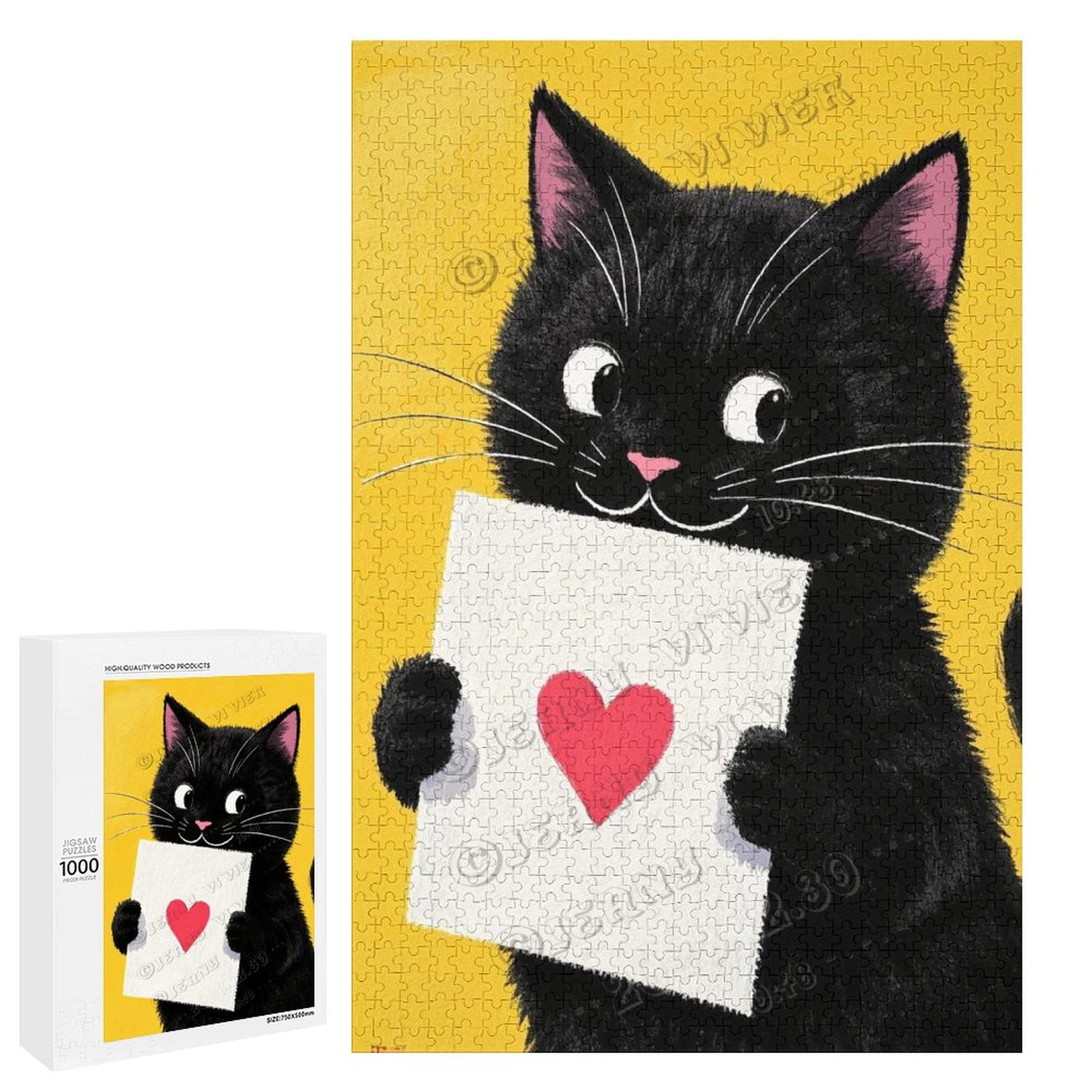 Black Cat With Heart Love 1000 Piece Wooden Puzzle for Adults ...