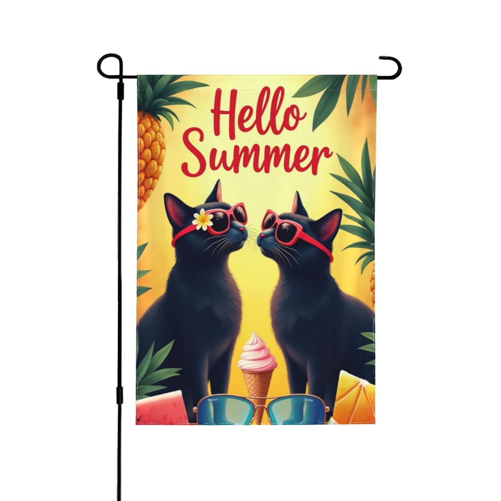 Black Cat Hello Summer Flag For Outside Burlap Hello Spring Summer ...