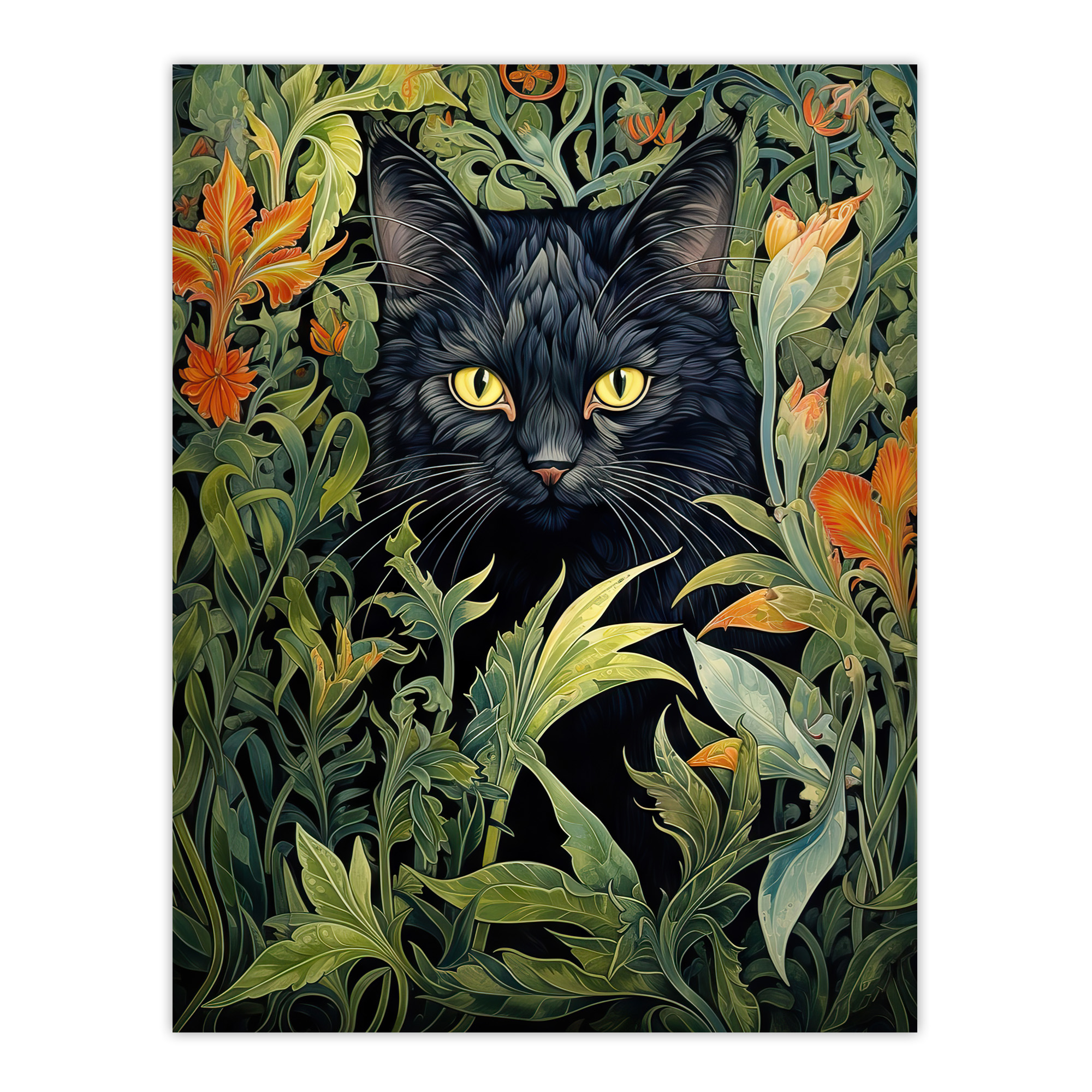 Black Cat Hiding In Flower Field Modern William Morris Style Painting Orange Green Spring Bloom ...