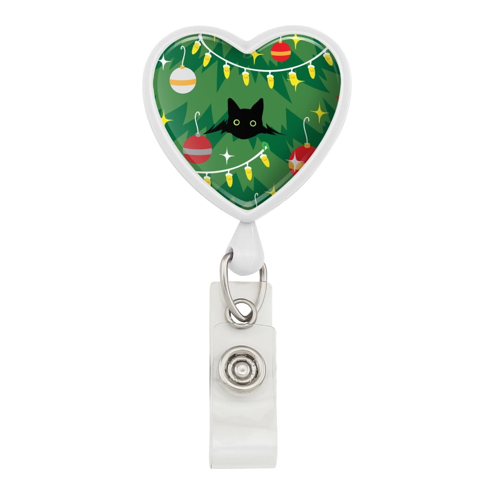 Black Cat Hiding in Christmas Tree Heart Lanyard Retractable Reel Badge ...