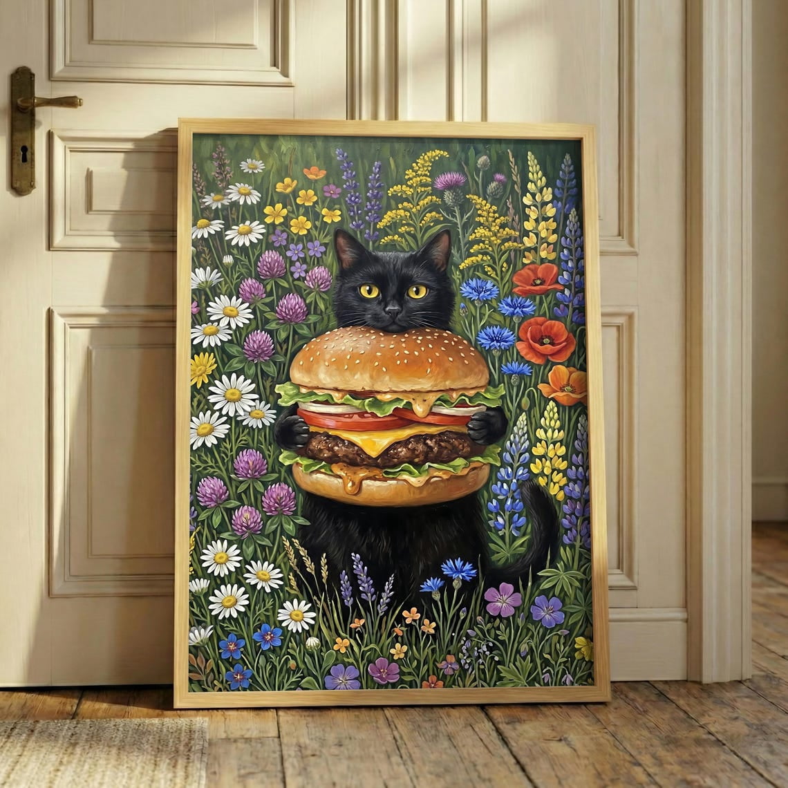 Black Cat Holding Burger Funny Floral Whimsical Surreal Animal Food ...
