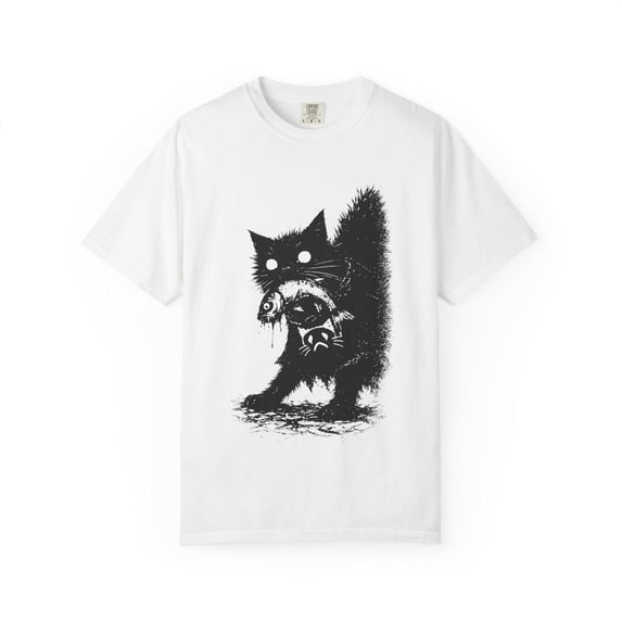 Black Cat Holding Fish T-shirt, Grunge Graphic, 'Grey Days' Back Print ...