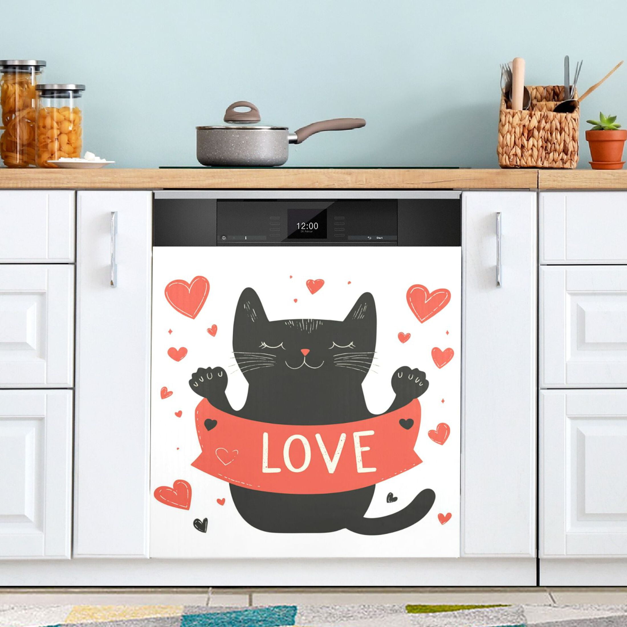 Black Cat Holds Love Flag Hearts Dishwasher Magnet Refrigerator ...