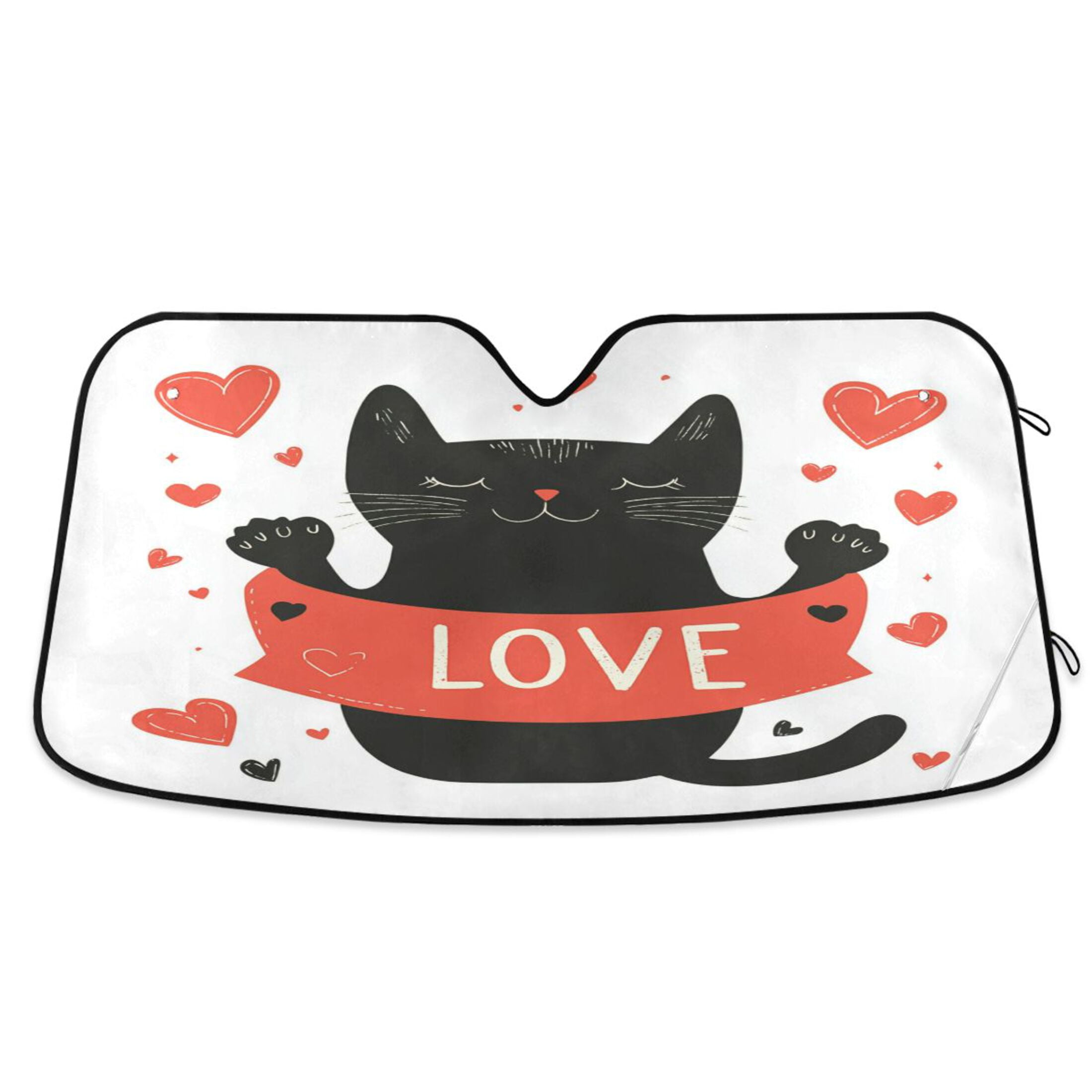 Black Cat Holds Love Flag Hearts Windshield Sun Shade Automobile Visor ...