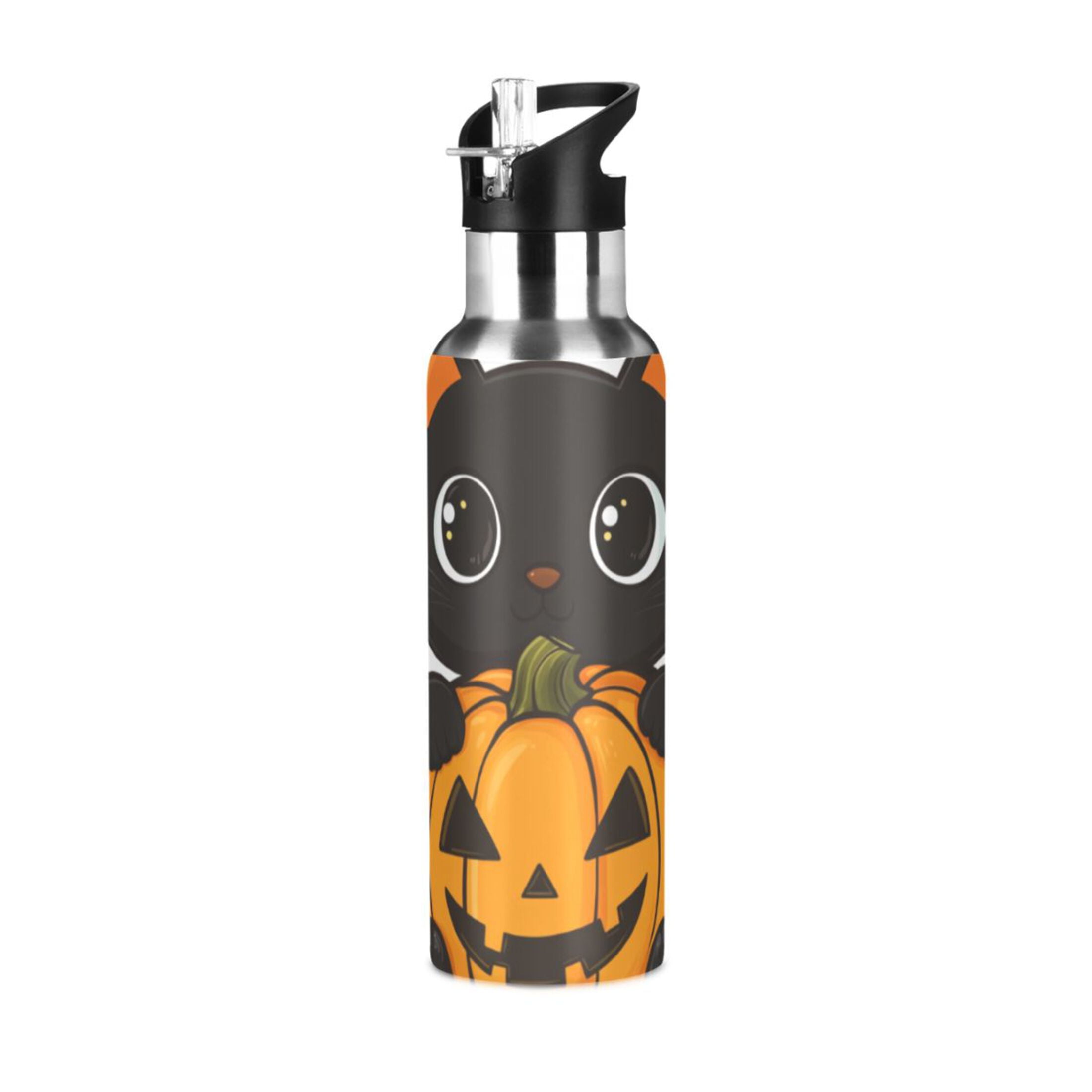 Black Cat Holds Pumpkin Halloween Sports Bottle with Straw Stainless Steel Water Jug Portable ...