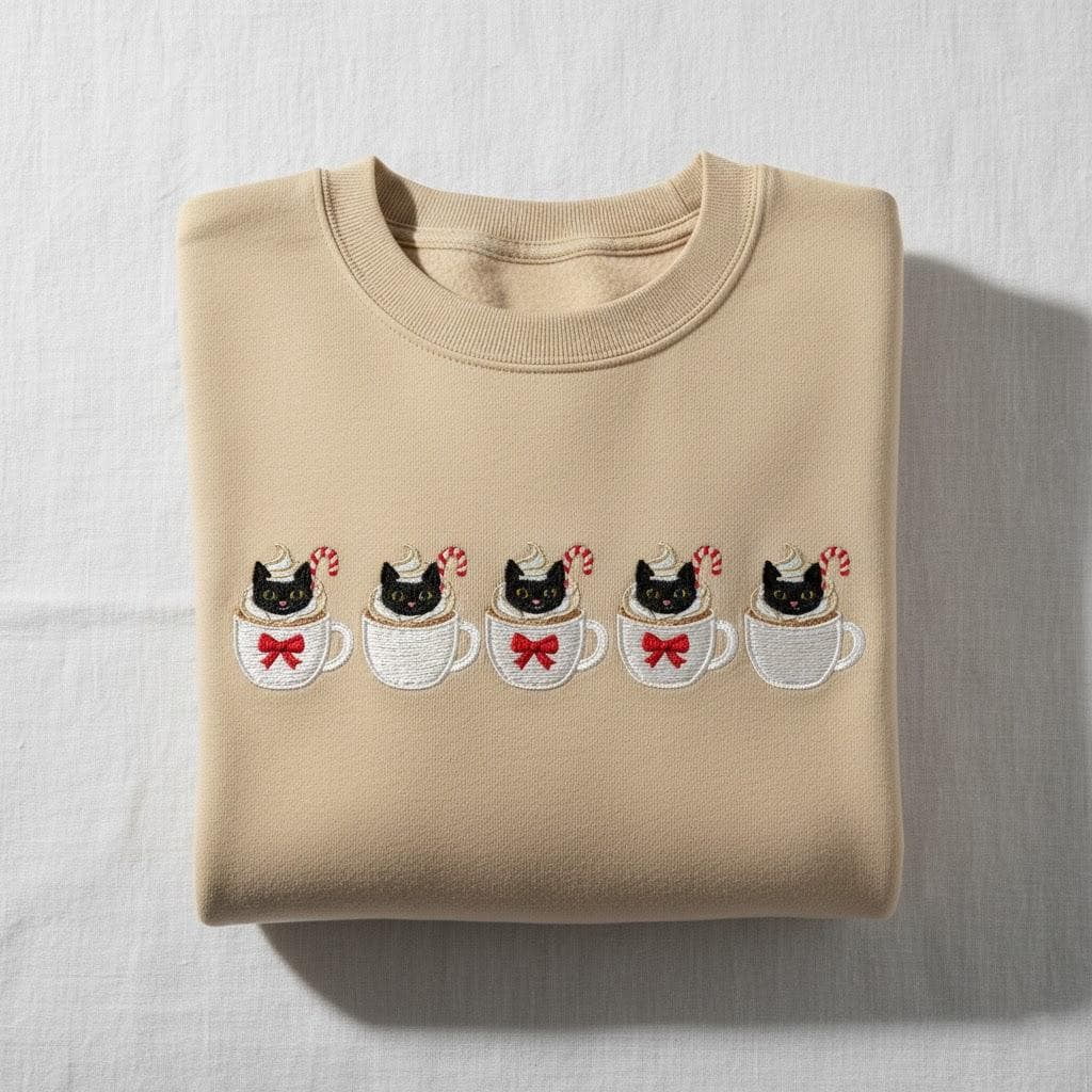 Black Cat Hot Cocoa Embroidered Sweatshirt, Christmas Kitten Crewneck ...