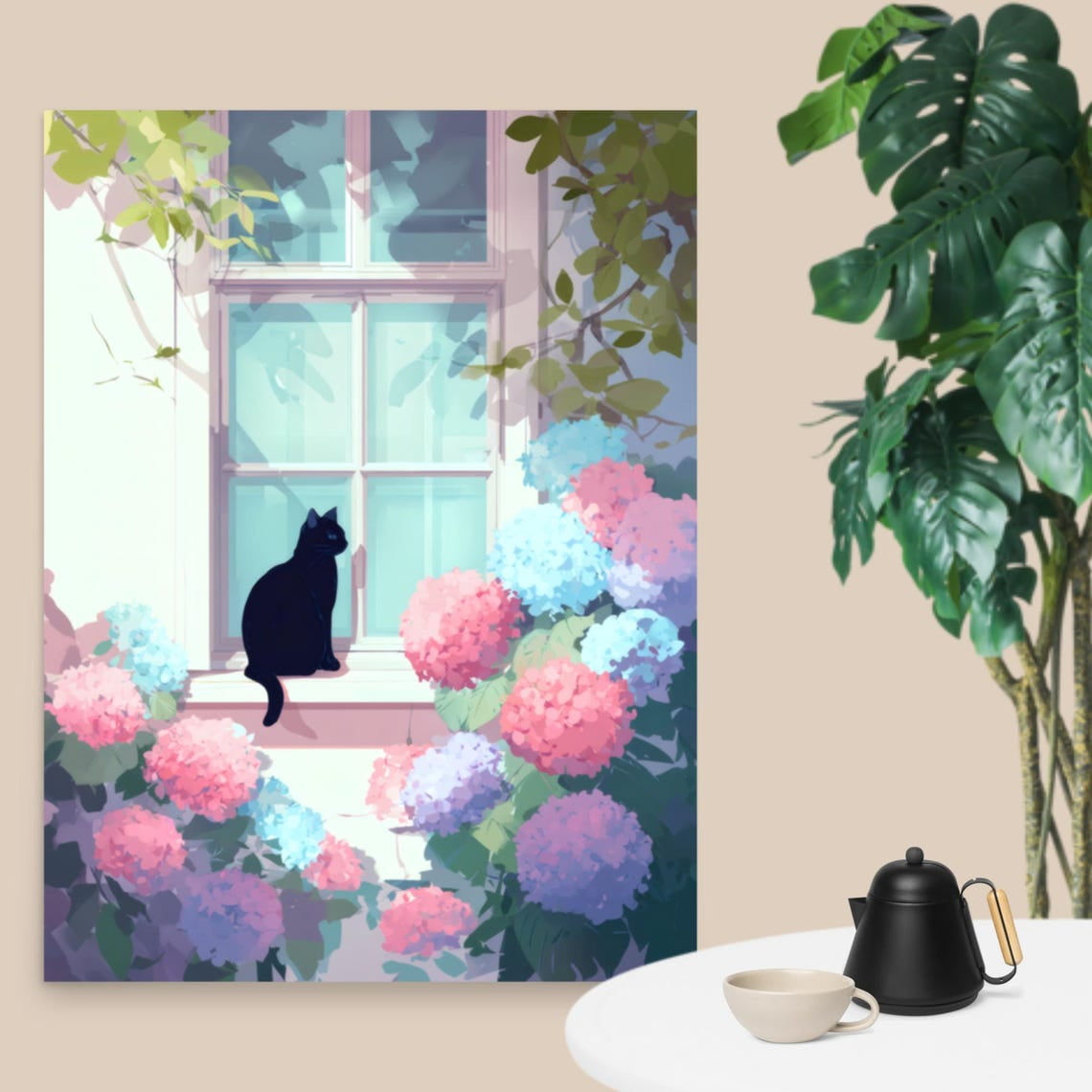 Black Cat Hydrangea Print, Retro Mid,Century Modern Floral Wall Art ...