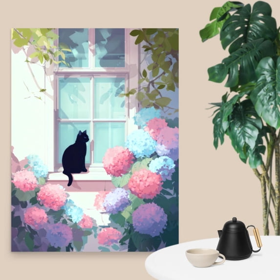 Black Cat Hydrangea Print, Retro Mid,Century Modern Floral Wall Art ...