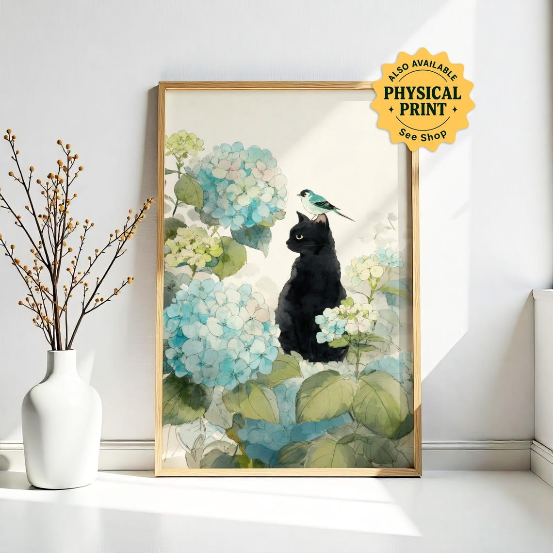 Black Cat Hydrangea Print, Vintage Botanical Art Unframed Paper Print ...